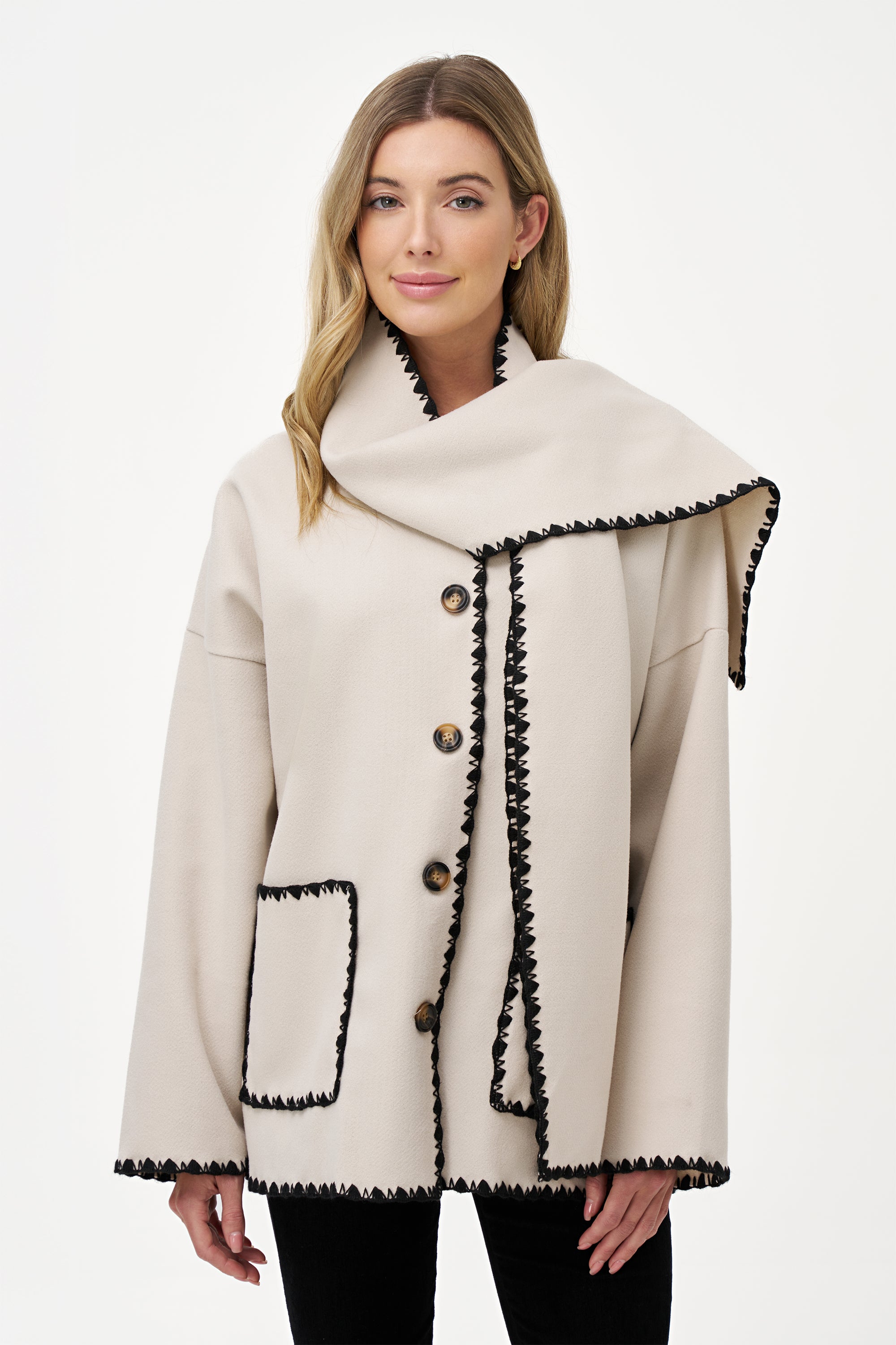 MOONSTONE JACKET WITH SCARF & CONTRAST STITCHING – Aldila Boutique